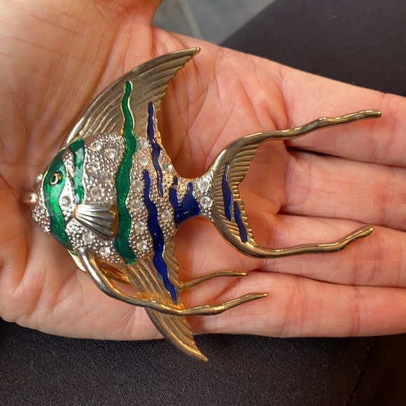 Jewelry | Huge Angel Fish Pin Brooch Silver W Blue Green Rhinestone ...